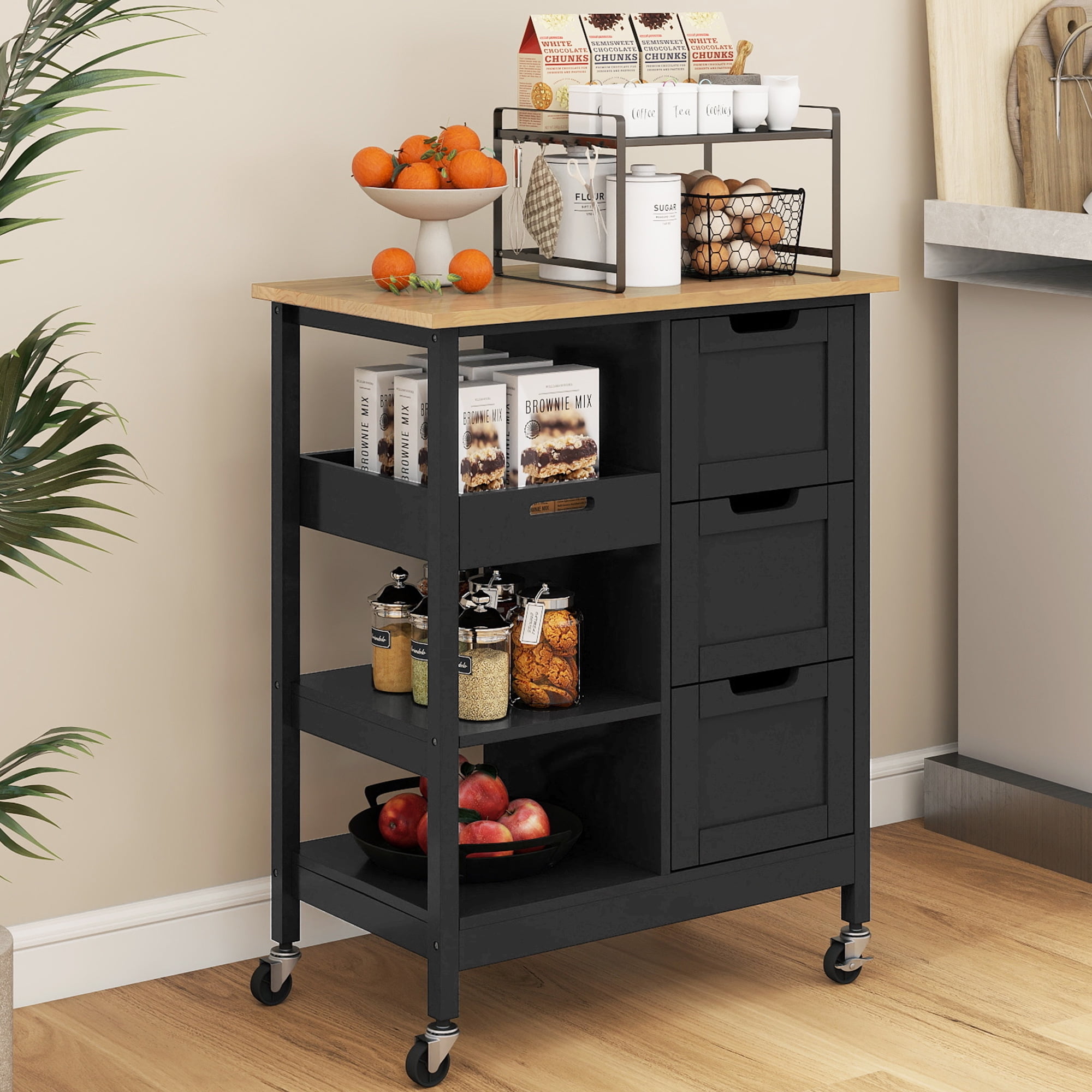 Dextrus 3 Tier Kitchen Storage Cart with Drawers, 26.4"L Rolling ...
