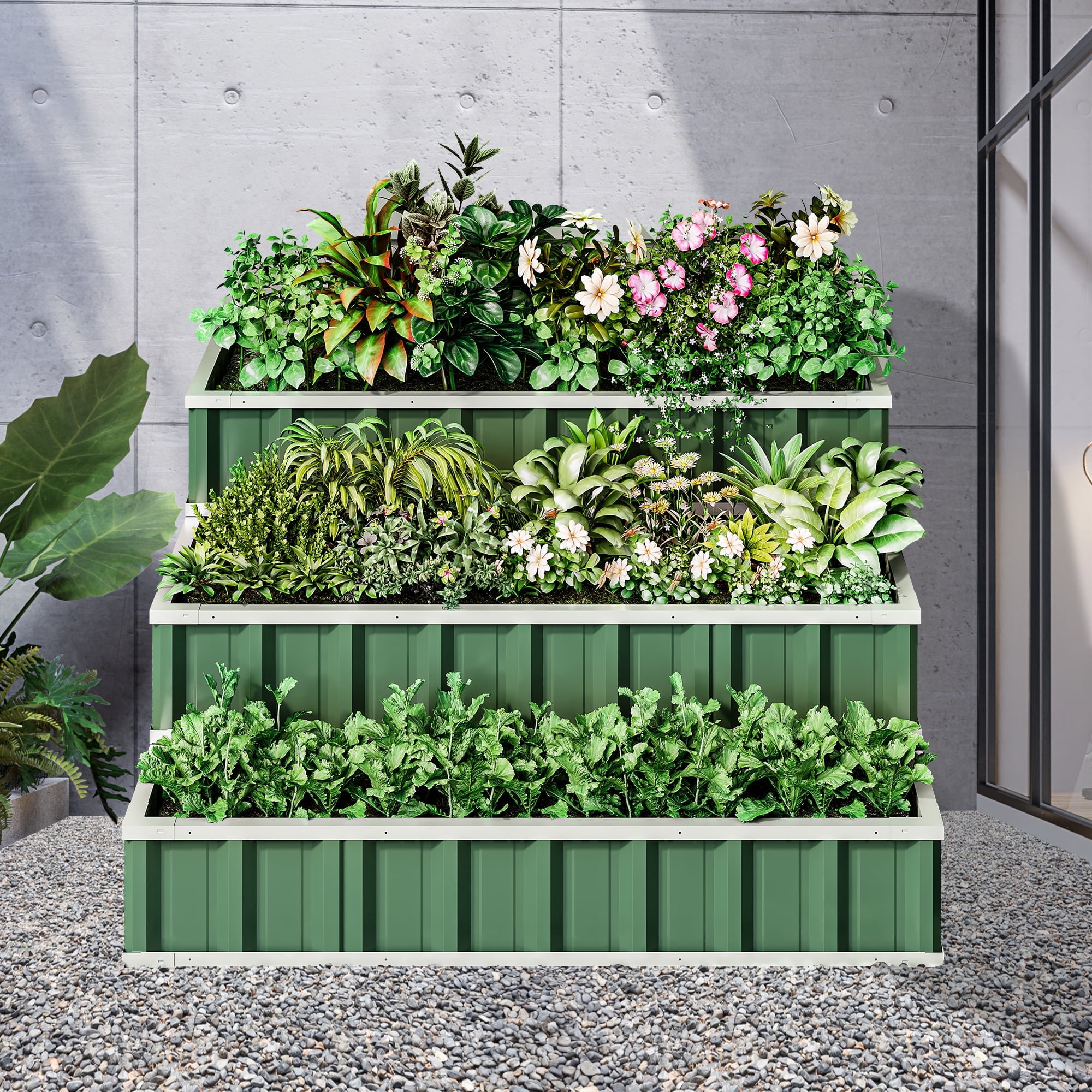 Dextrus 3-Tier Large Metal Raised Garden Bed, Green Raised Planter with ...