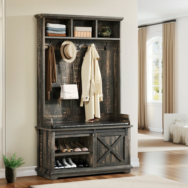 Dextrus Entryway 3-in-1 Farmhouse Coat Rack, 14 Hooks Hall Tree ...