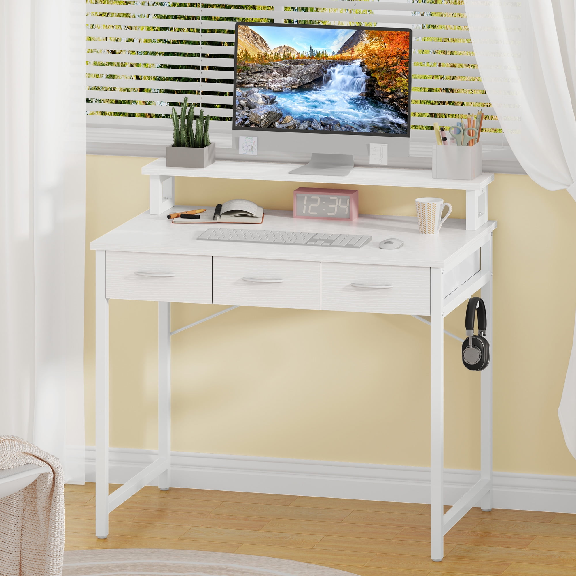 Dextrus 31" Computer Desk with Monitor Stand & 3 Drawers, Modern Small ...