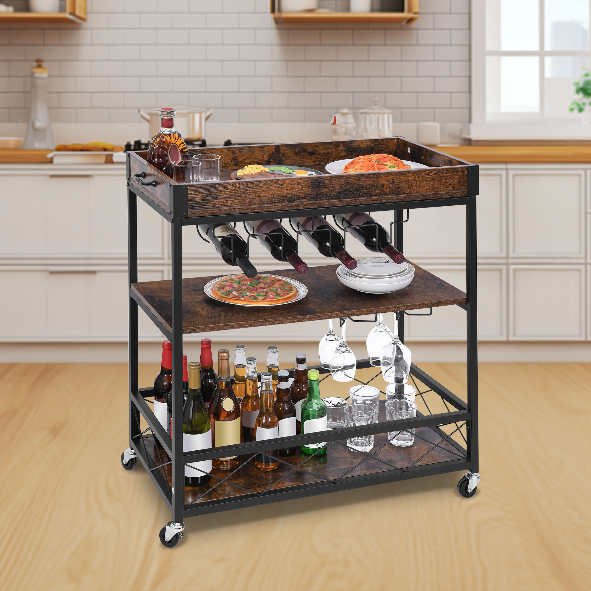 Gymax 2-Tier Acacia Rolling Kitchen Trolley Cart Dining Serving Cart ...