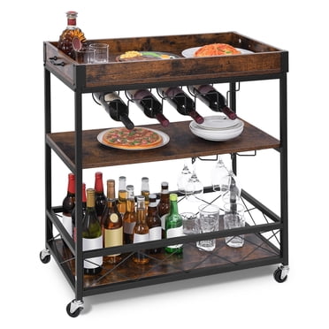 Dextrus Wine Bar Cart, Small Rolling Serving Cart with Wine Rack and ...
