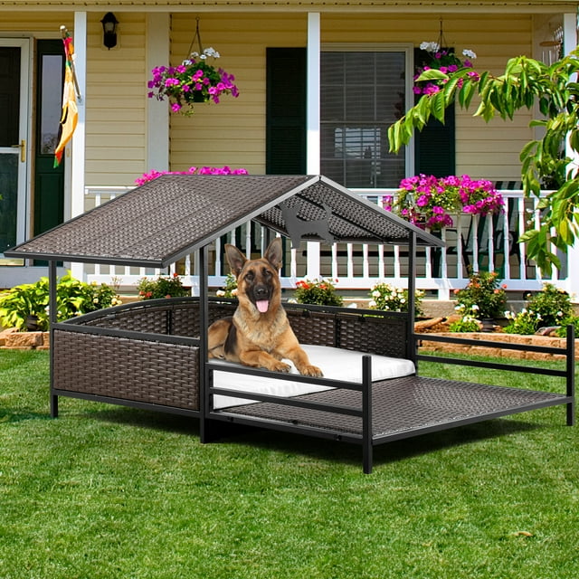 Dextrus Elevated Rattan Doghouse with Canopy, Weather-Resistant, for ...