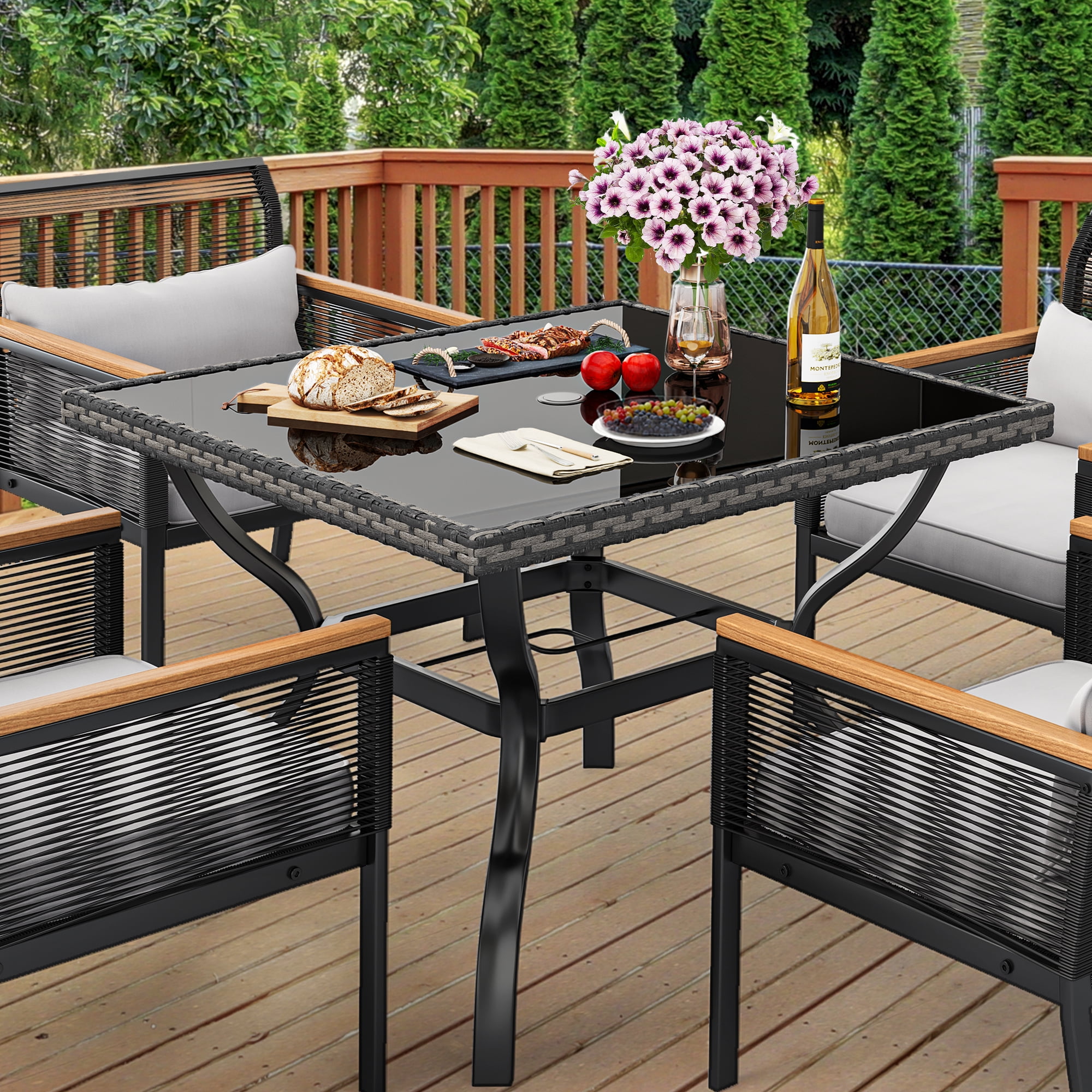 "Dextrus 35.2"" Outdoor Dining Table - Tempered Glass Top, Iron Frame ...