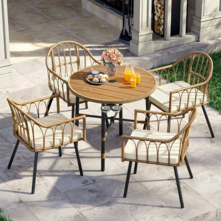 Dextrus 35.6in Outdoor Patio Table Round Bistro Table with Umbrella Hole Dining Table Beige