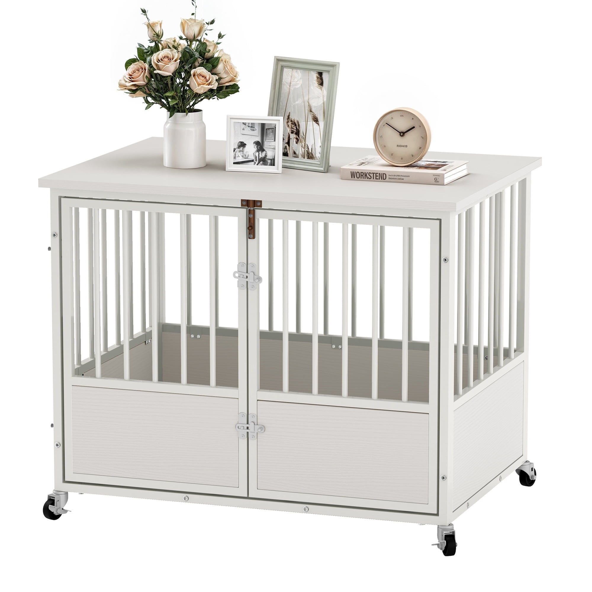 Dextrus 38" Wooden Dog Crate Furniture with Wheels,Double-Doors Dog ...