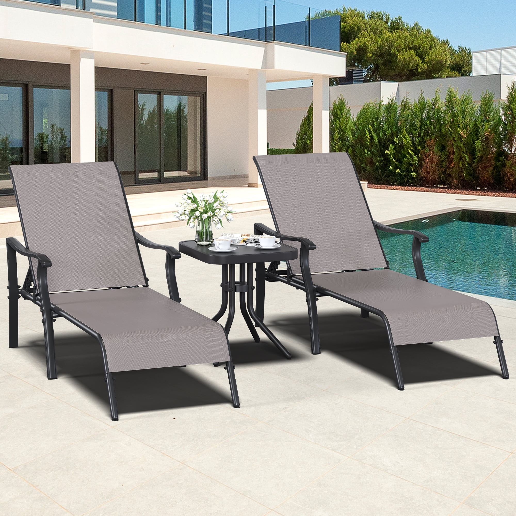 Dextrus 3PC Recliner Sun Lounger, Outdoor Sun Bed with Side Table, Sun ...