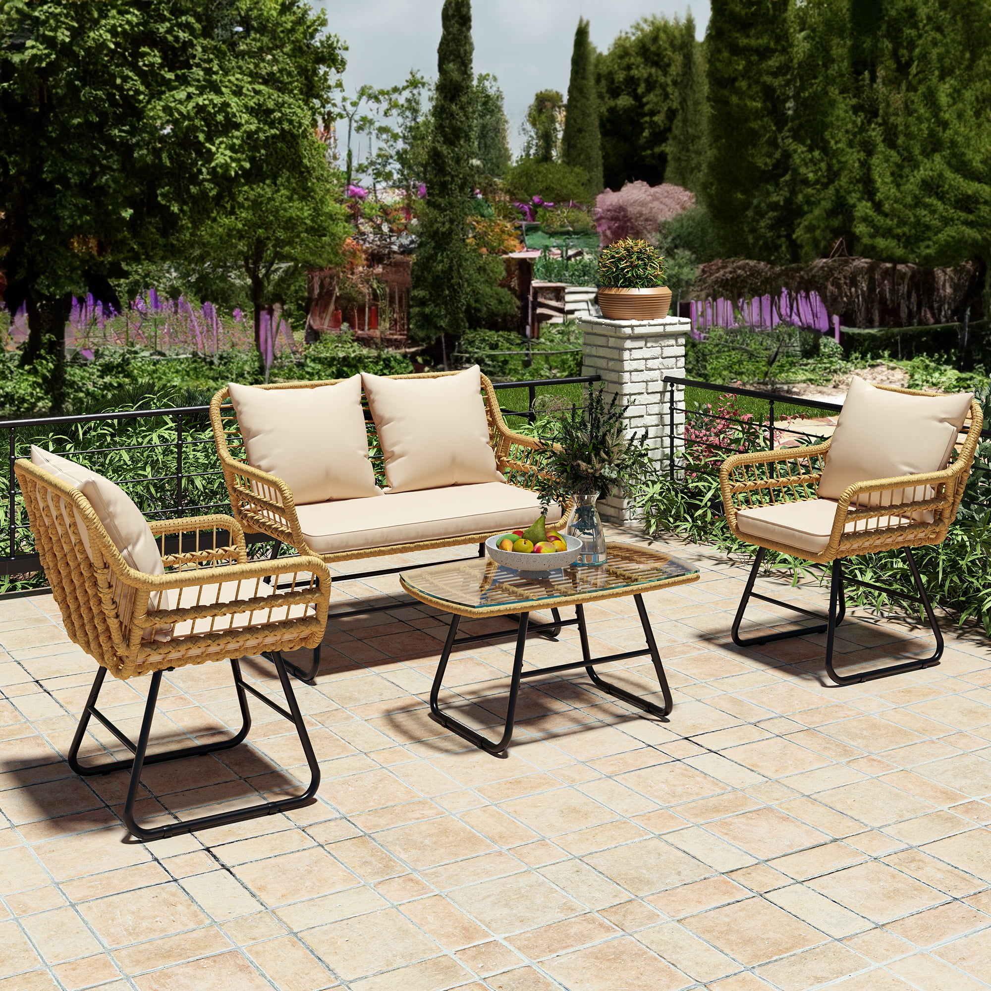 Dextrus 4-Piece All-Weather Patio Set, Outdoor Wicker Bistro with Two ...