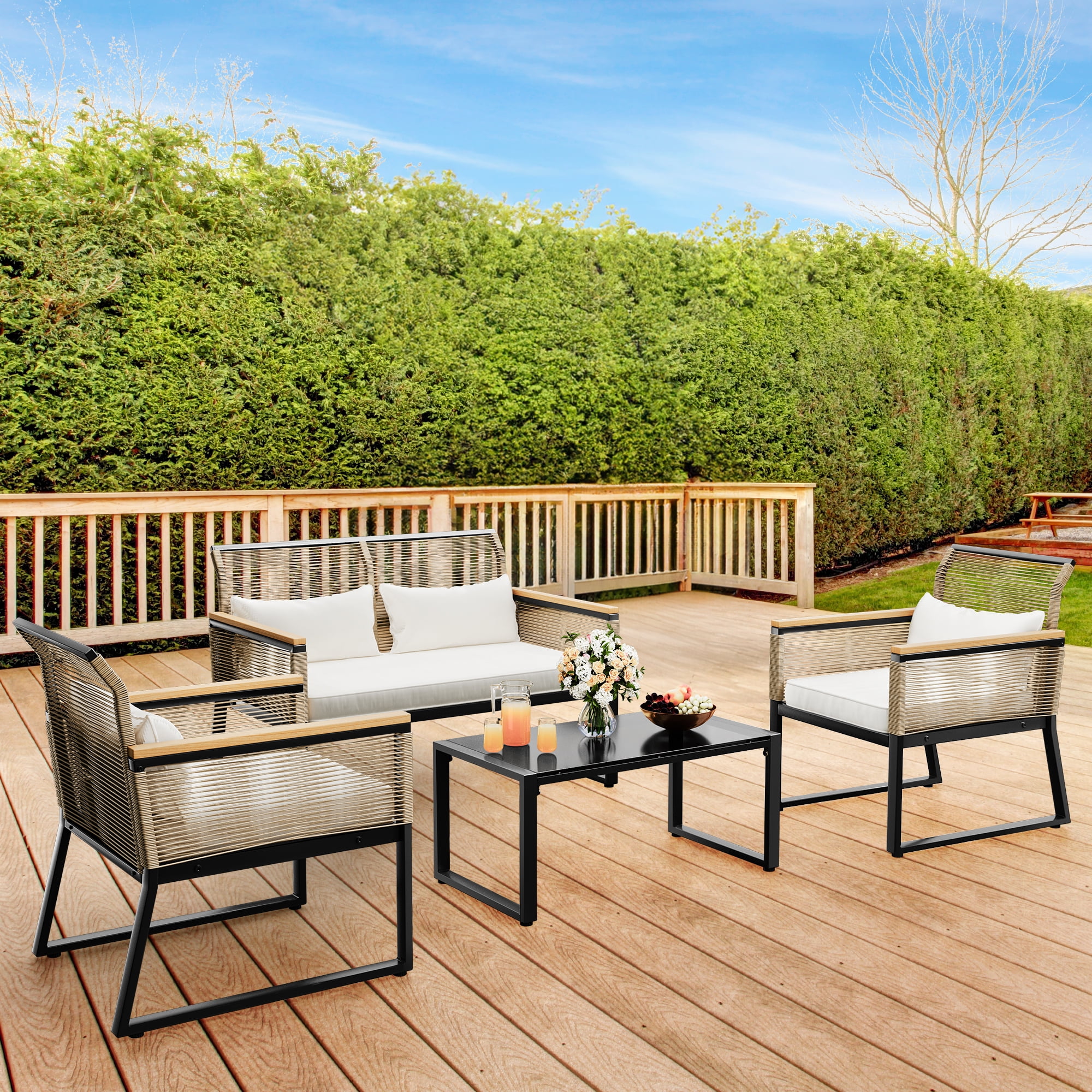 Dextrus 4-Piece Outdoor Rattan Bistro Set Durable Wicker Patio ...