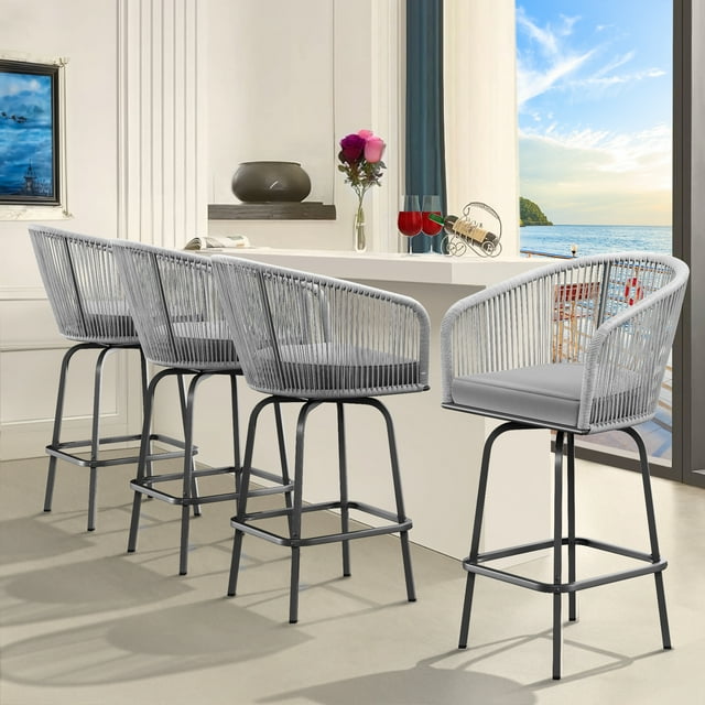 Dextrus 4-Piece Outdoor Woven Swivel Bar Stools Set with Soft Cushions ...