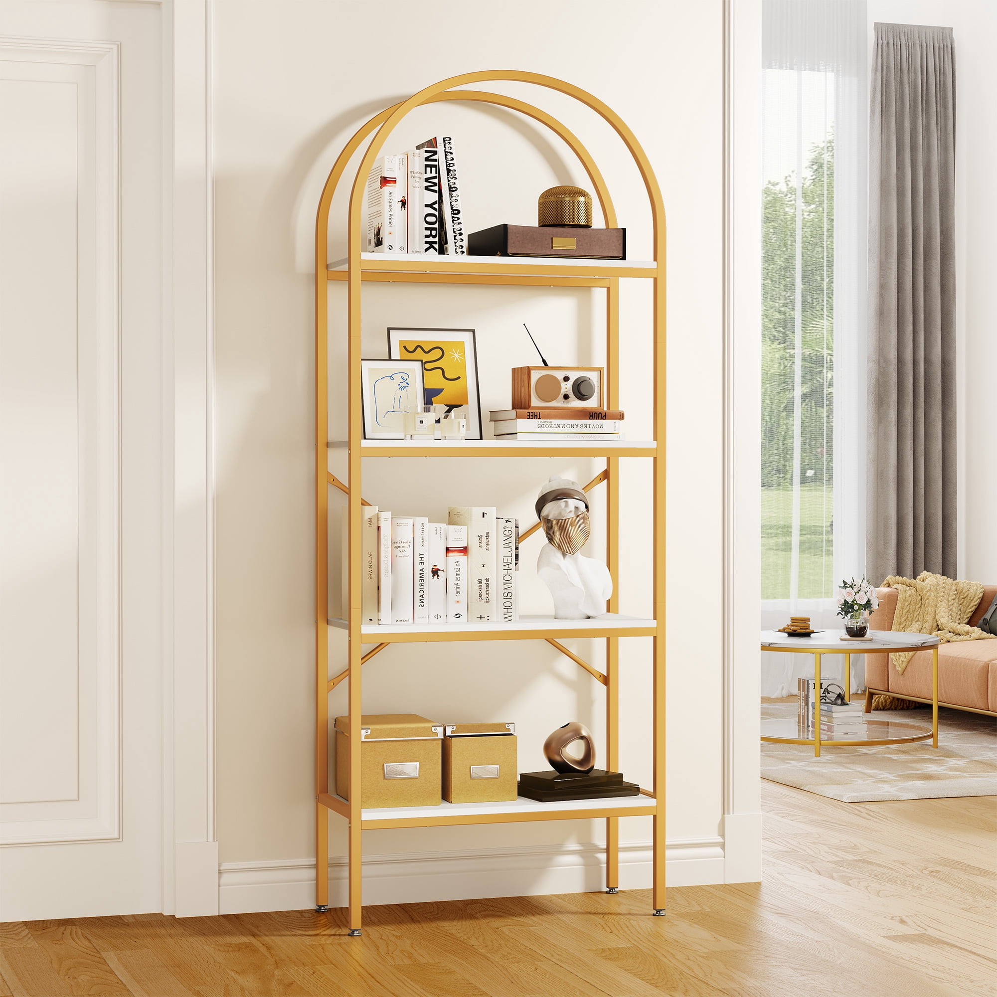 Dextrus 4 Tier Arched Bookshelf and Bookcase, Gold Modern Open Book ...