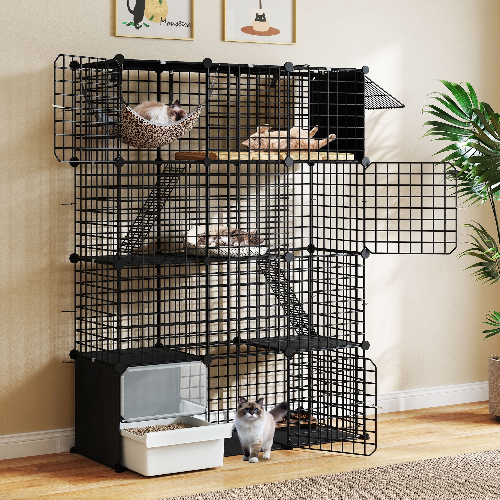 Dextrus 4-Tier Cat Cage with Litter Box, Indoor Multi-Level Cat House ...