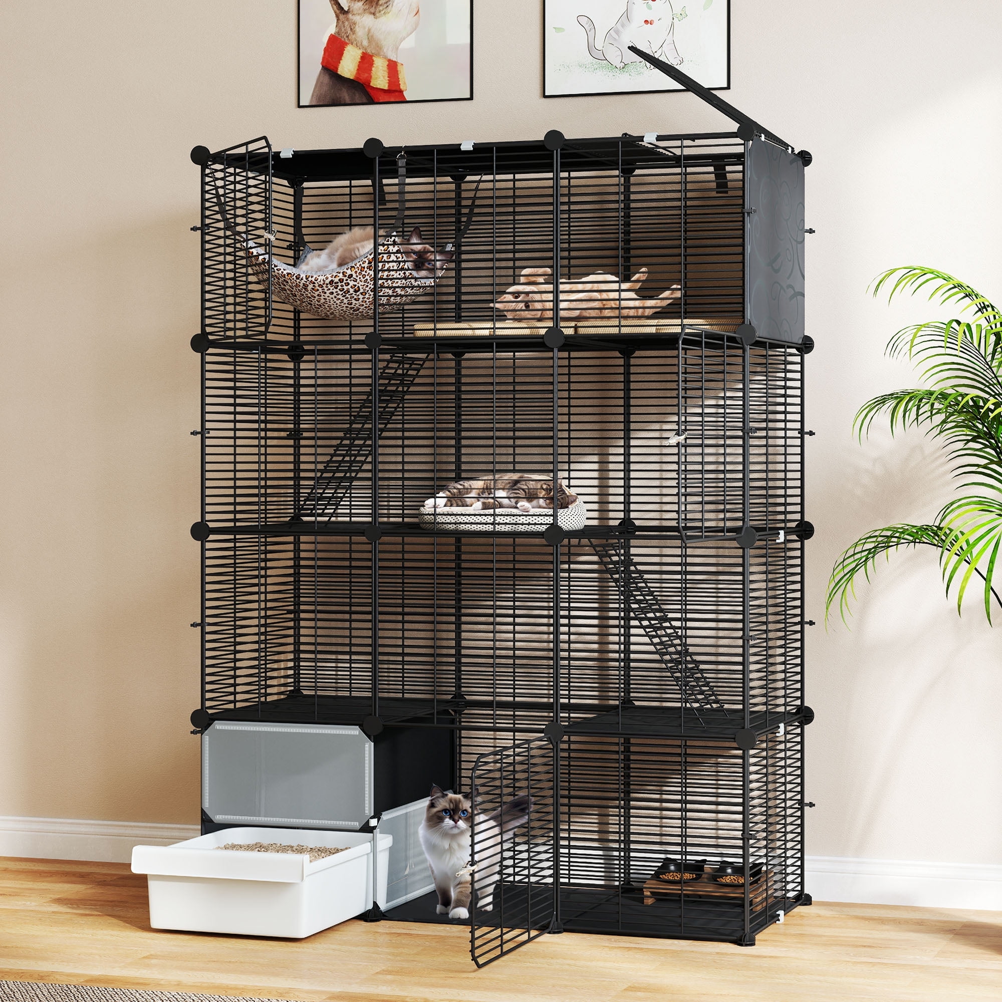 Dextrus 4-Tier Cat Cage with Litter Box, Spacious Indoor Cat Enclosure ...
