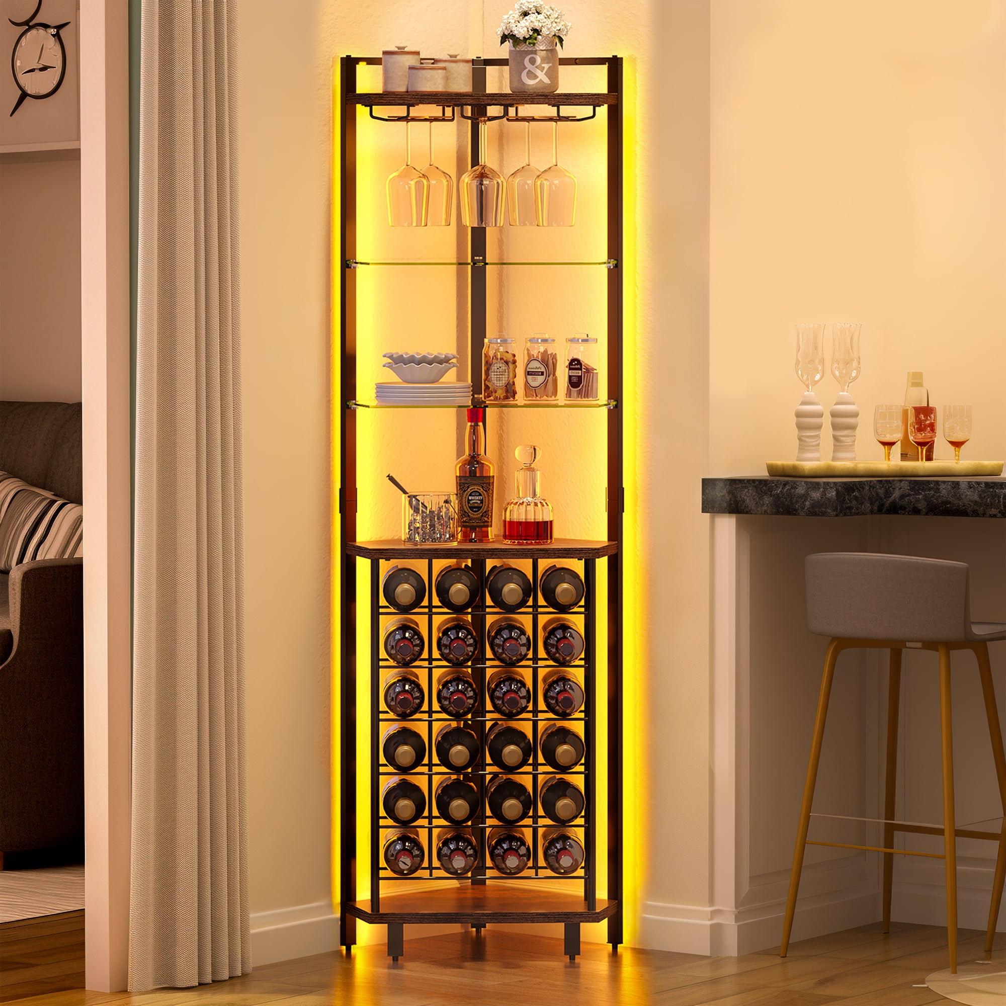 Dextrus 4 Tier Corner Bar Unit, Freestanding Wine Rack with LED Lights ...