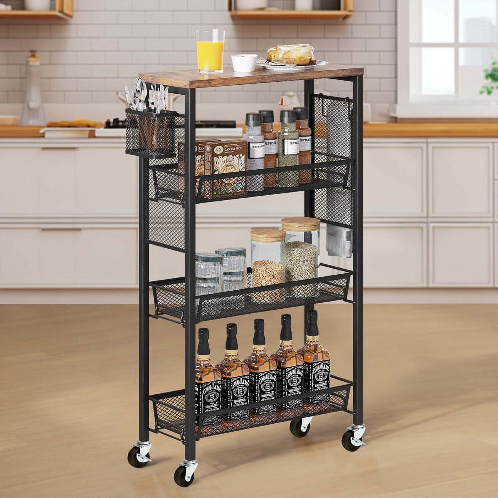 Dextrus 4-Tier Slim Kitchen Storage Cart, 34" Kitchen Trolley with Wood ...