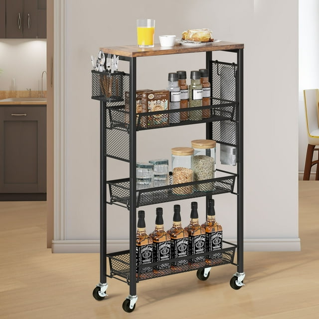 Dextrus 4-Tier Slim Rolling Cart, 34" Kitchen Storage Cart with Baskets ...