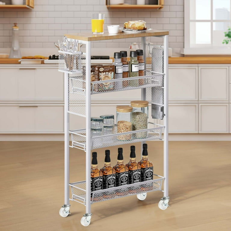 Dextrus 4 Tier Slim Kitchen Storage Cart 34 Kitchen Trolley with Wood Tabletop Wire Mesh Baskets White