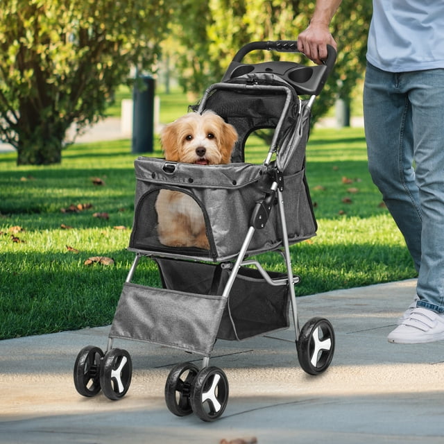 Dextrus 4-Wheel Foldable Dog Stroller with Storage Basket & 360 ...