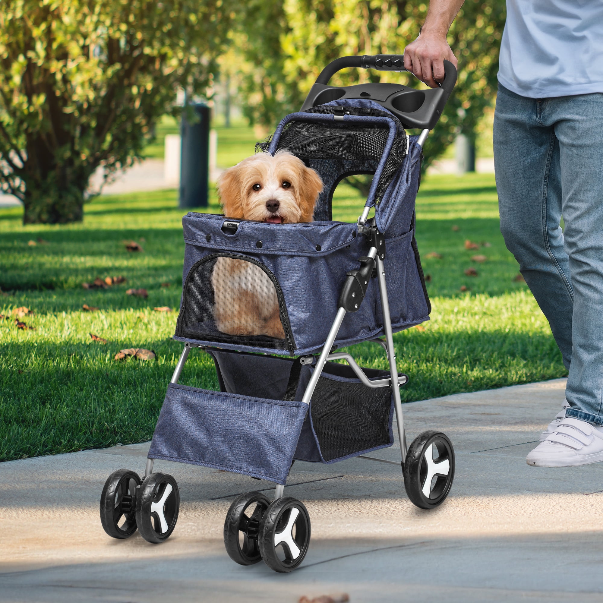 Dextrus 4 Wheel Foldable Dog Stroller with Storage Basket, Pet Stroller ...
