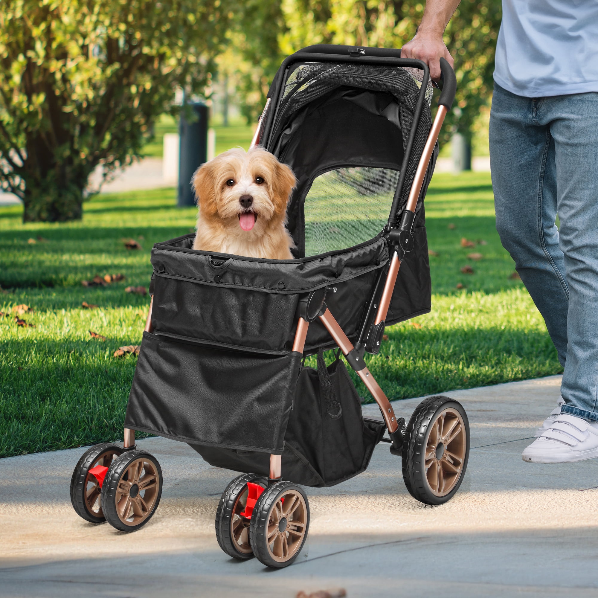 Dextrus 4 Wheel Foldable Dog Stroller with Storage Basket, Upgraded ...