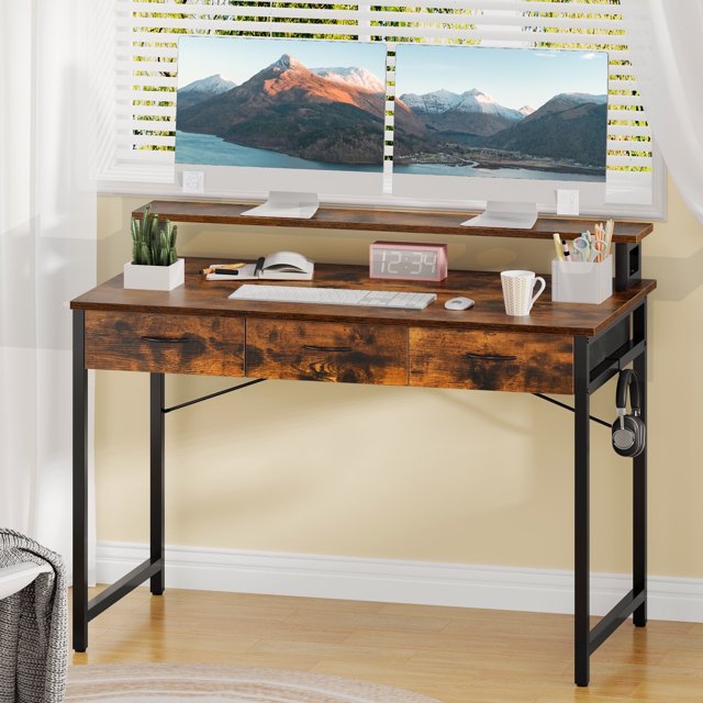 Dextrus 40" Computer Desk with Monitor Stand & 3 Drawers, Modern Small ...