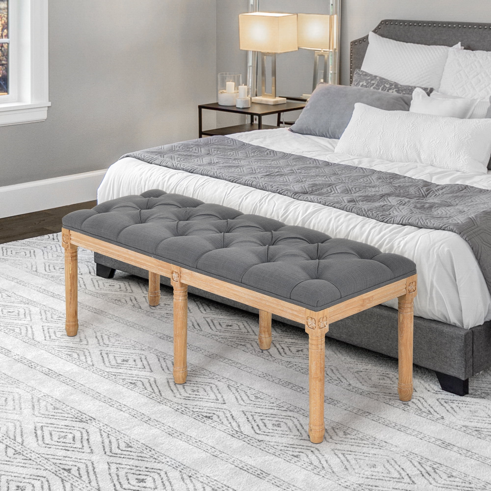 Dextrus 45" Tufted Bench, Modern Upholstered Linen Fabric End of Bed ...