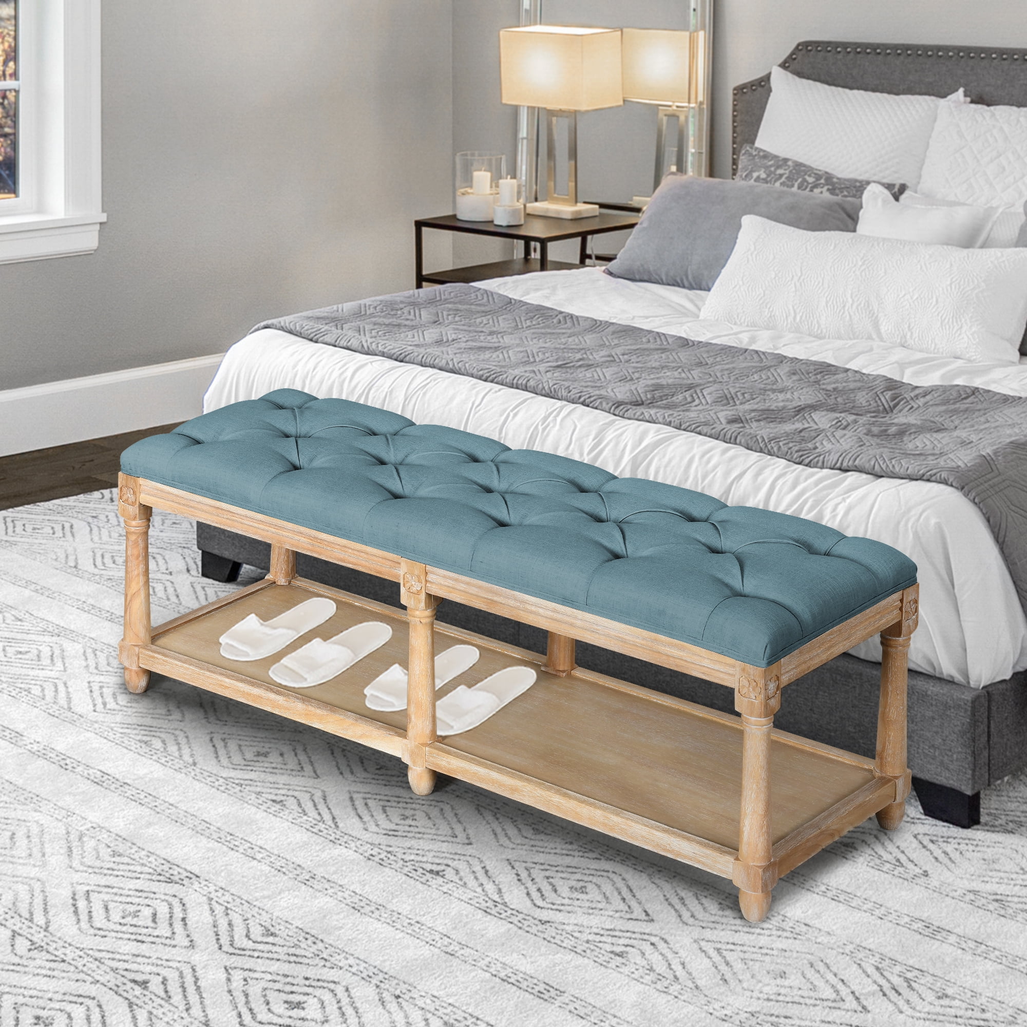 Dextrus Tufted Bench - Blue Linen Fabric - Storage Shelf - Walmart.com