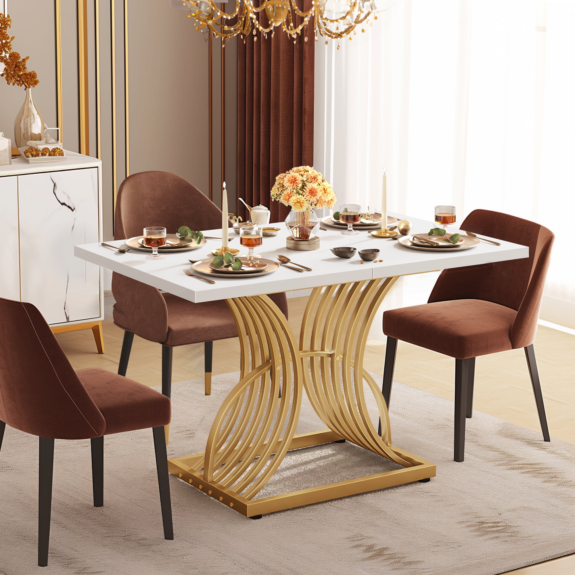 Dextrus 46.9" Modern Gold Dining Table, Rectangular Elegant Dinner Room ...