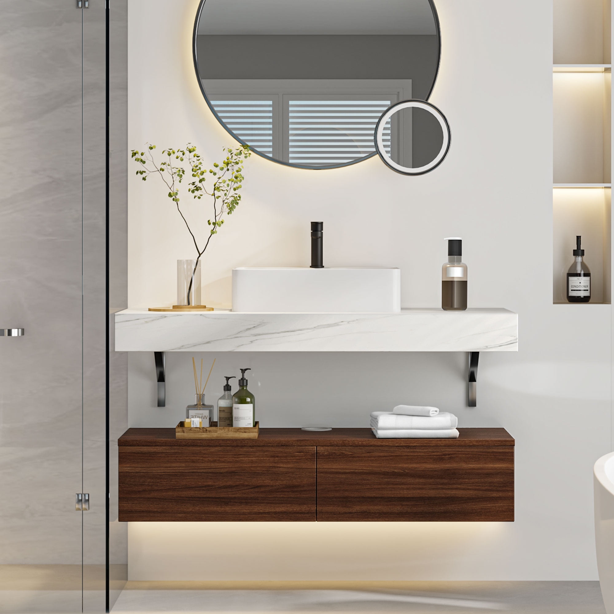 Dextrus 48" Wall Mounted Bathroom Vanity with Ceramic Basin Sink, 2 ...