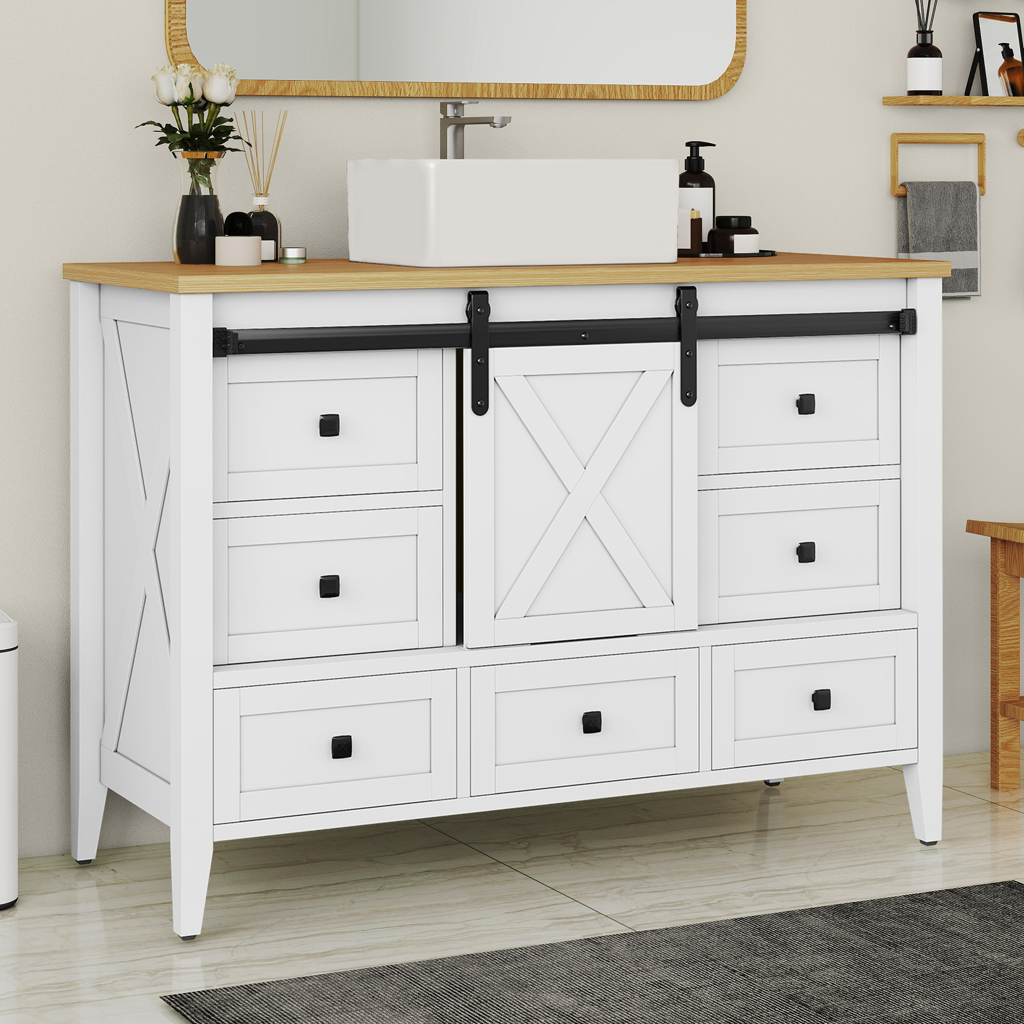 Dextrus 48'' Bathroom Vanity with Sink Combo & Barn Door, Farmhouse ...