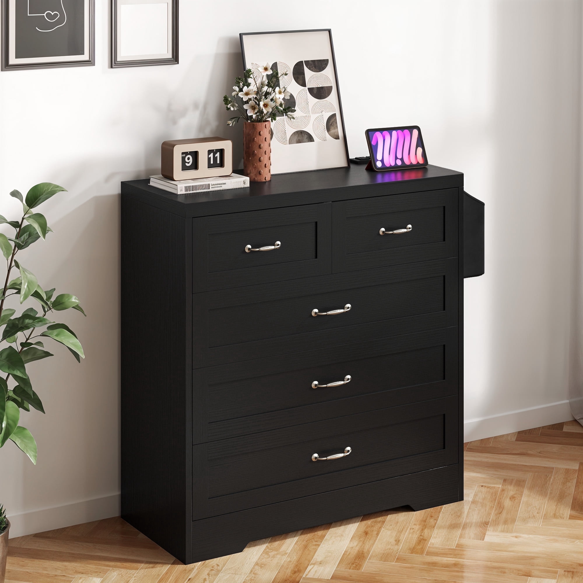 Dextrus 5-Drawer Vertical Dresser with Power Outlets, Chest of Drawers ...