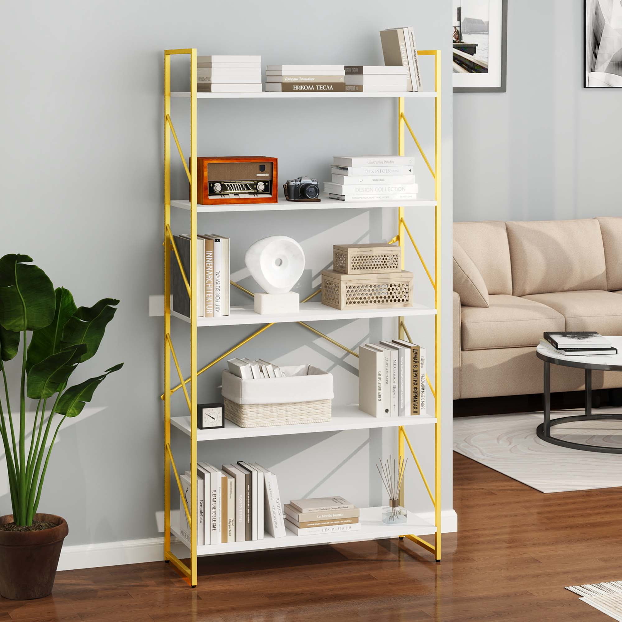 Dextrus 5-Tier Bookshelf, Gold Bookcase, Industrial Freestanding Book ...