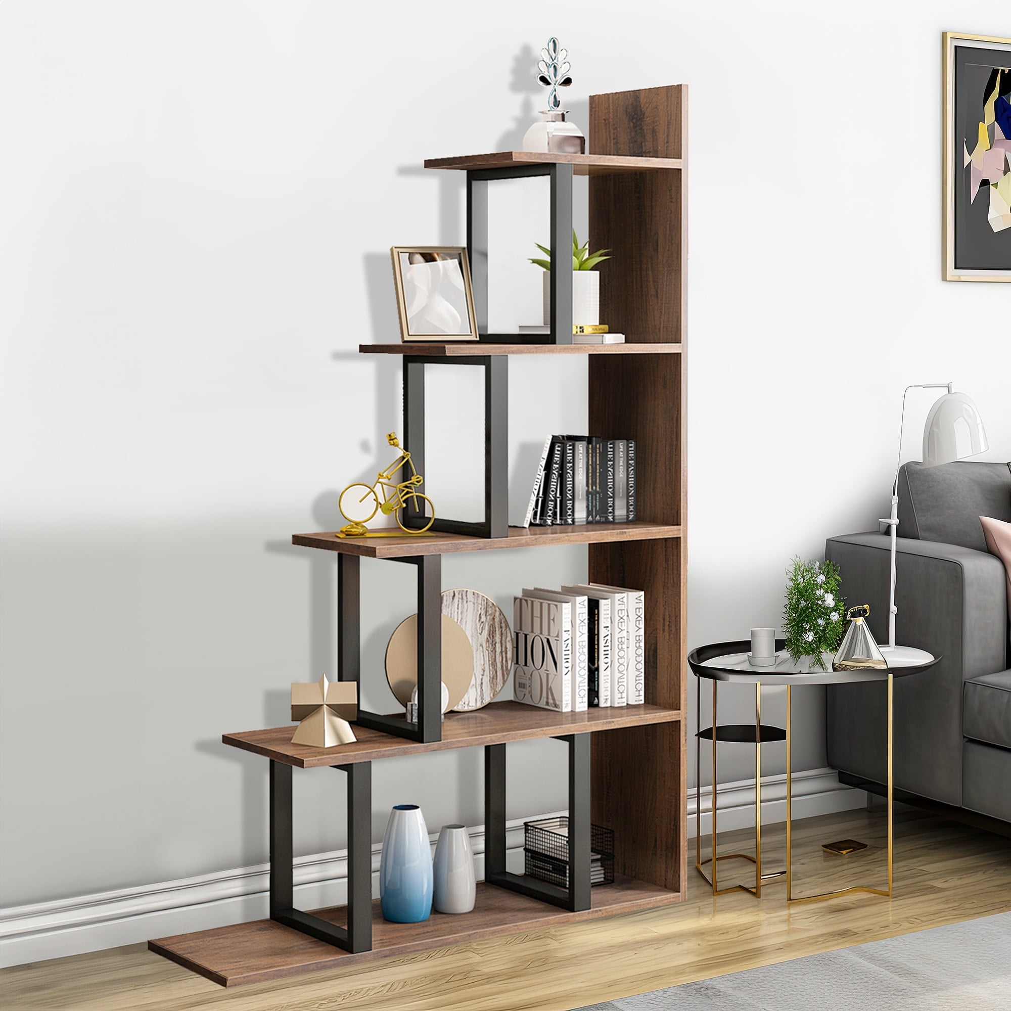 Dextrus 5-Tier L-Shape Bookshelf: Freestanding Storage, Wood/Metal ...