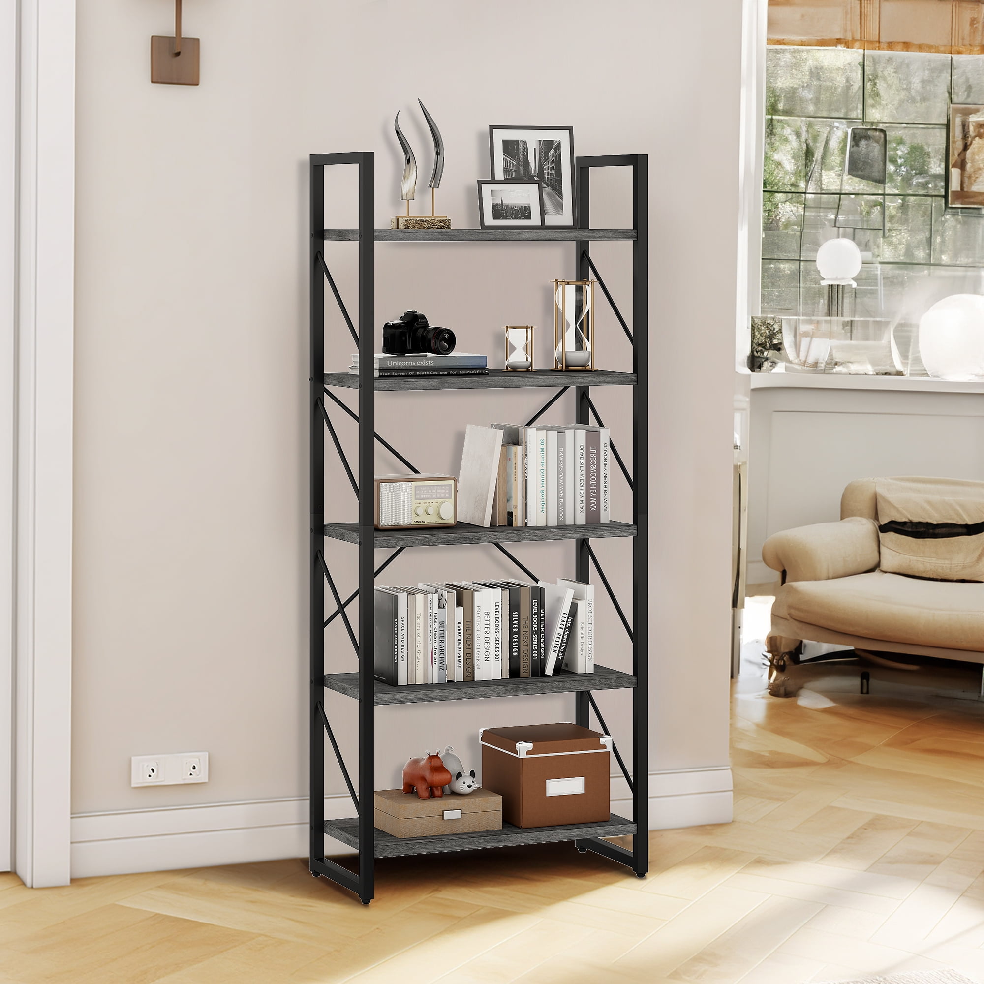 Dextrus 5-Tier Bookshelf, Ladder Bookcase, Industrial Freestanding Book ...