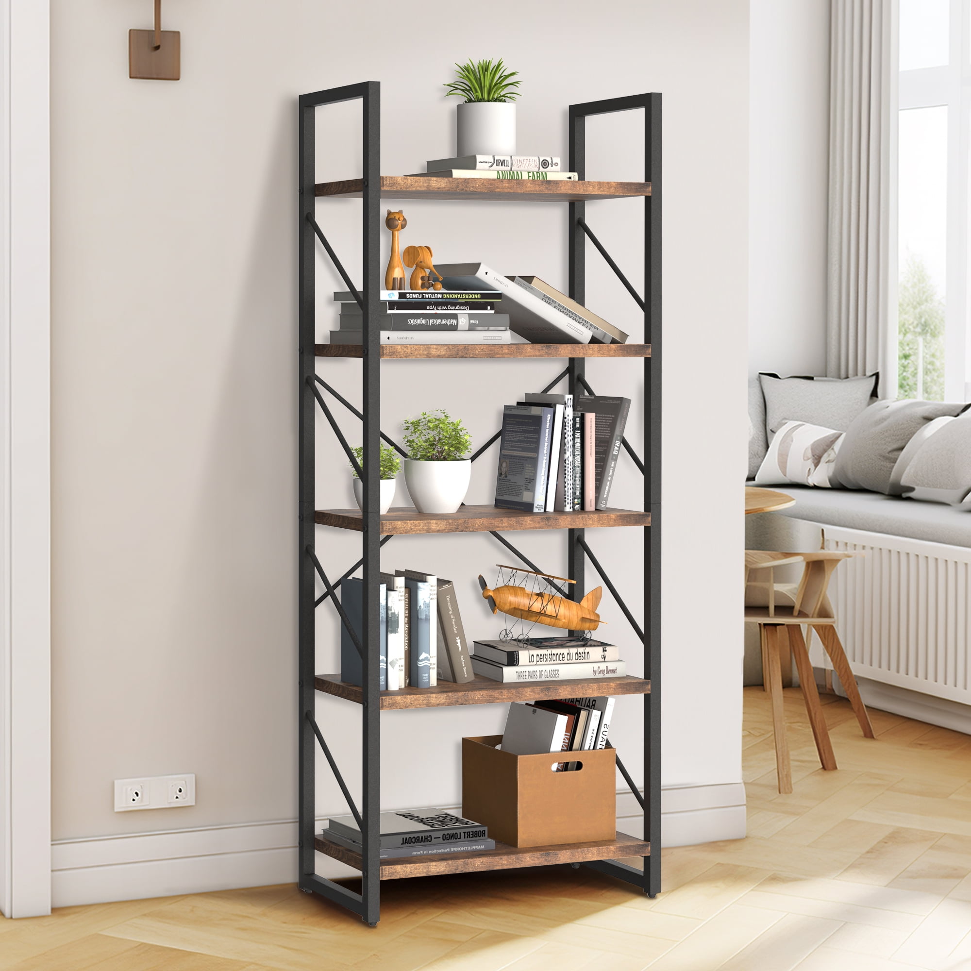 Dextrus 5-Tier Bookshelf, Ladder Bookcase, Industrial Freestanding Book ...