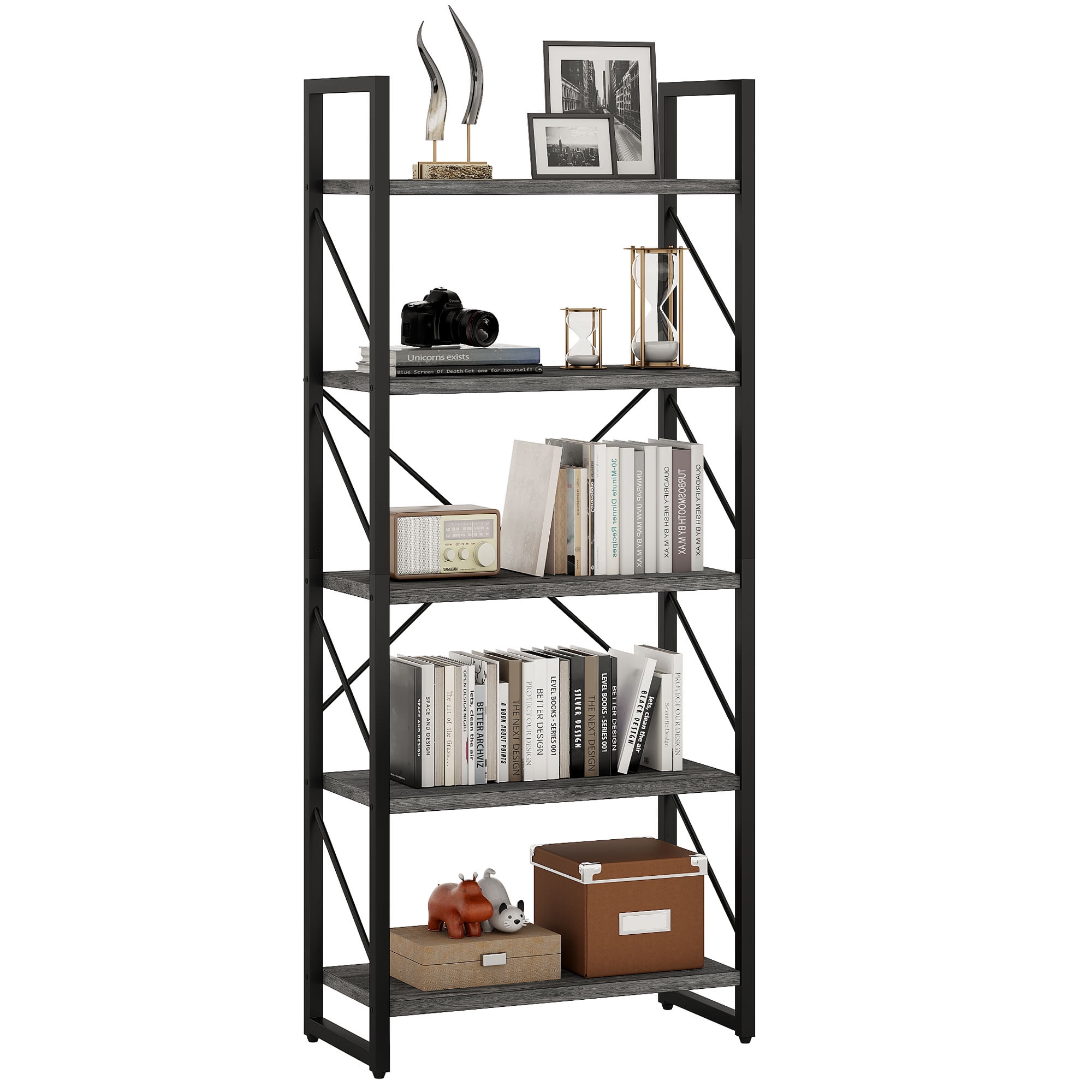 Dextrus 5-Tier Bookshelf, Ladder Bookcase, Industrial Freestanding Book ...
