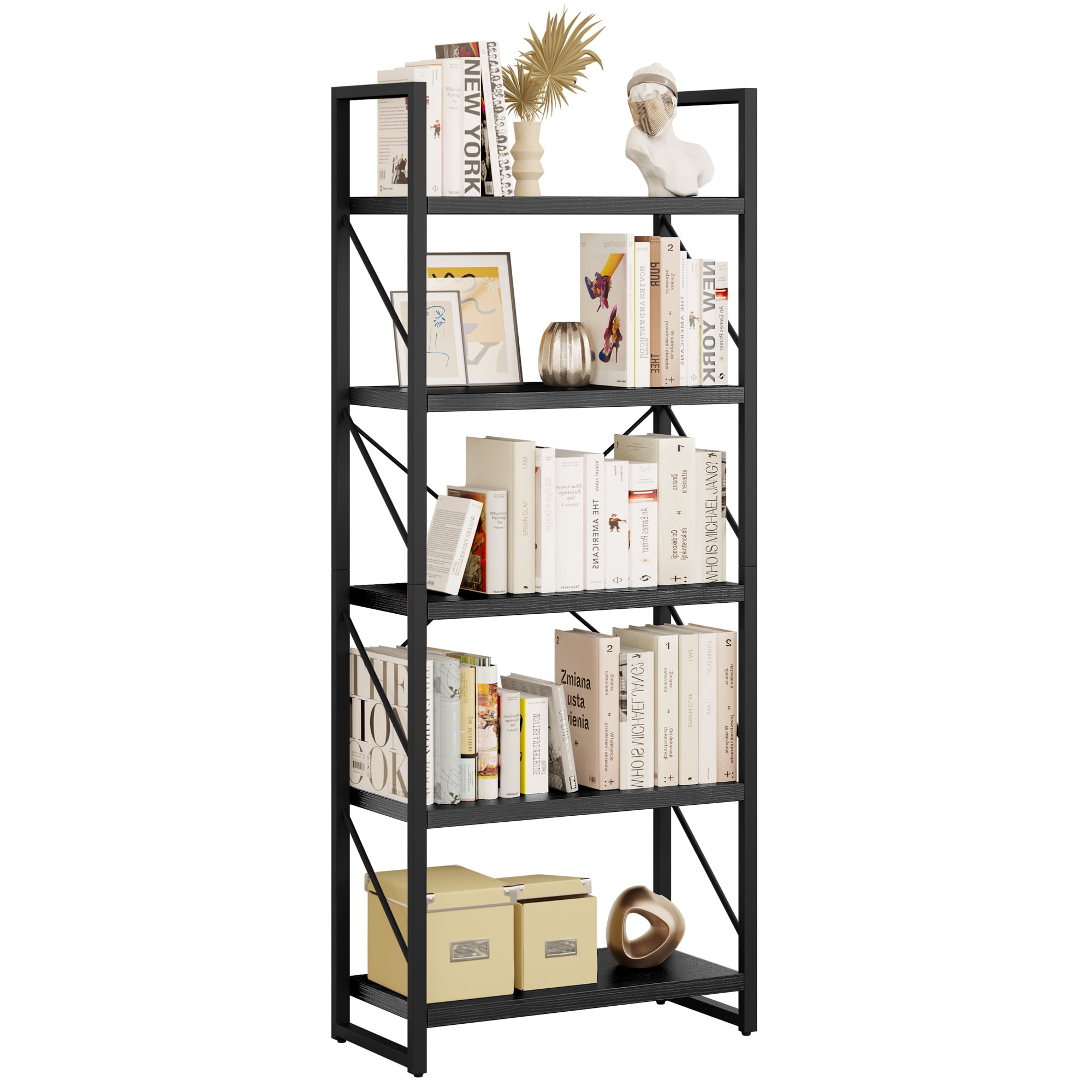 Dextrus 5-Tier Bookshelf, Ladder Bookcase, Industrial Freestanding Book ...