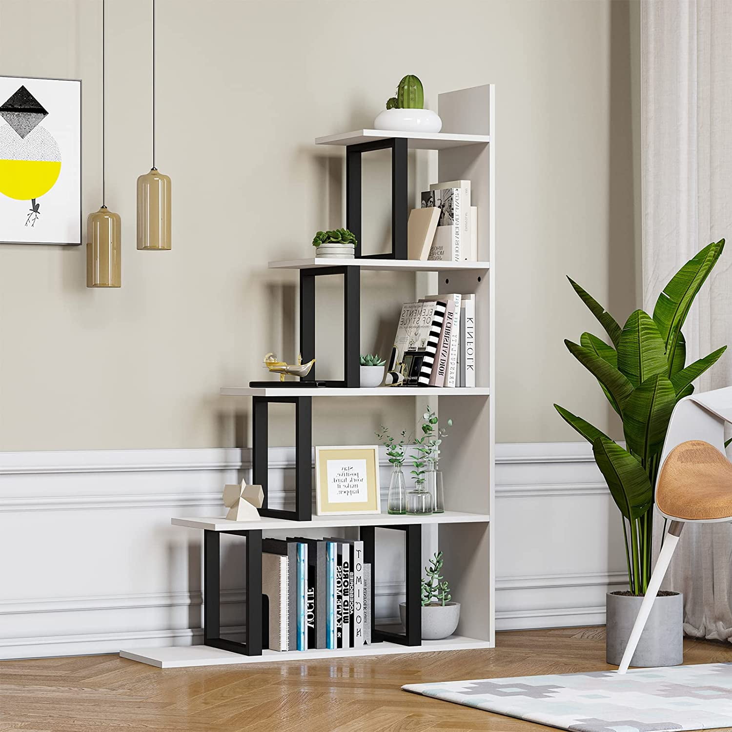 Dextrus 5-Tier Bookshelf, Ladder Etagere Bookcase,L-Shape Display Rack ...