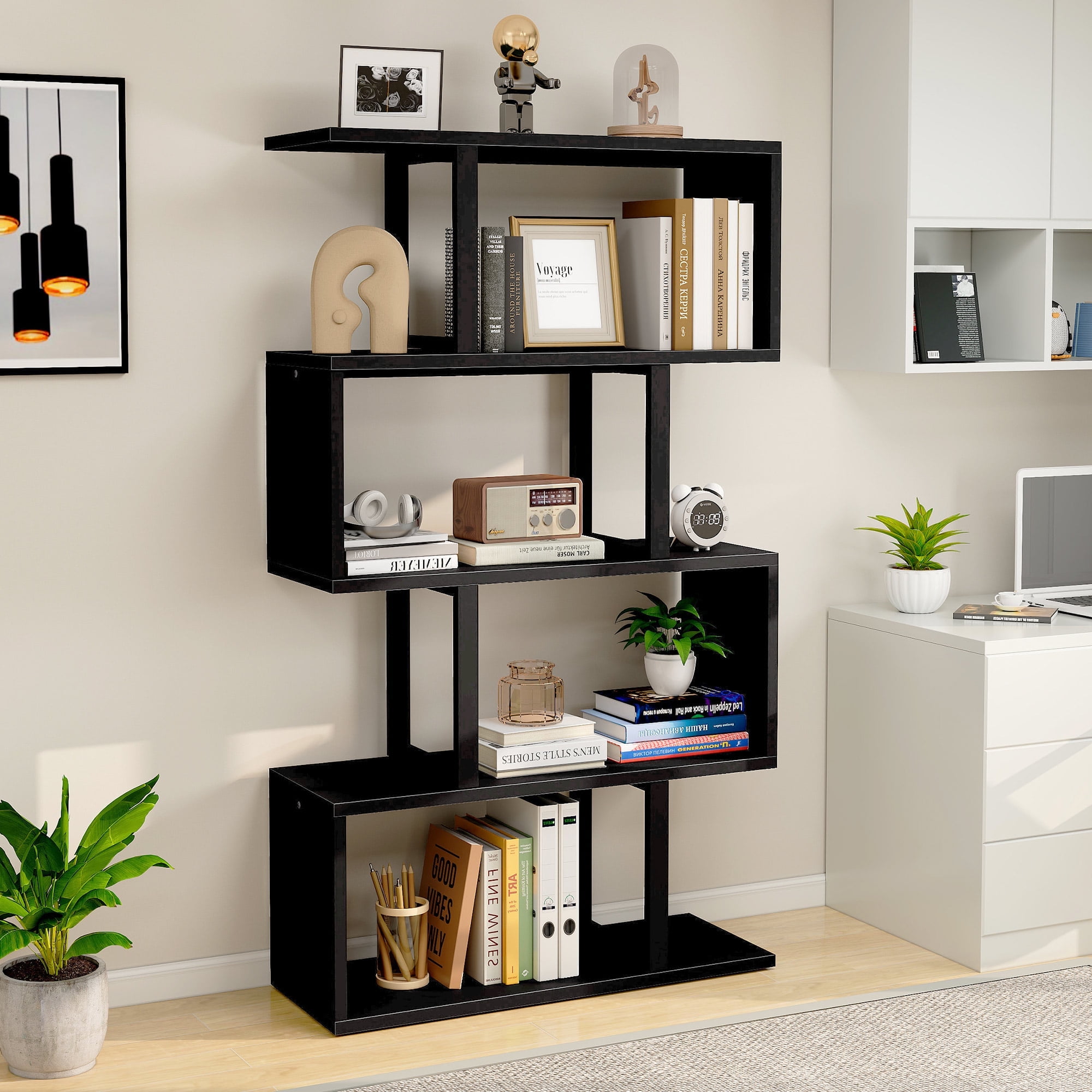 Dextrus 5-Tier S-Shaped Bookshelf, Modern Geometric Bookcase, Metal ...