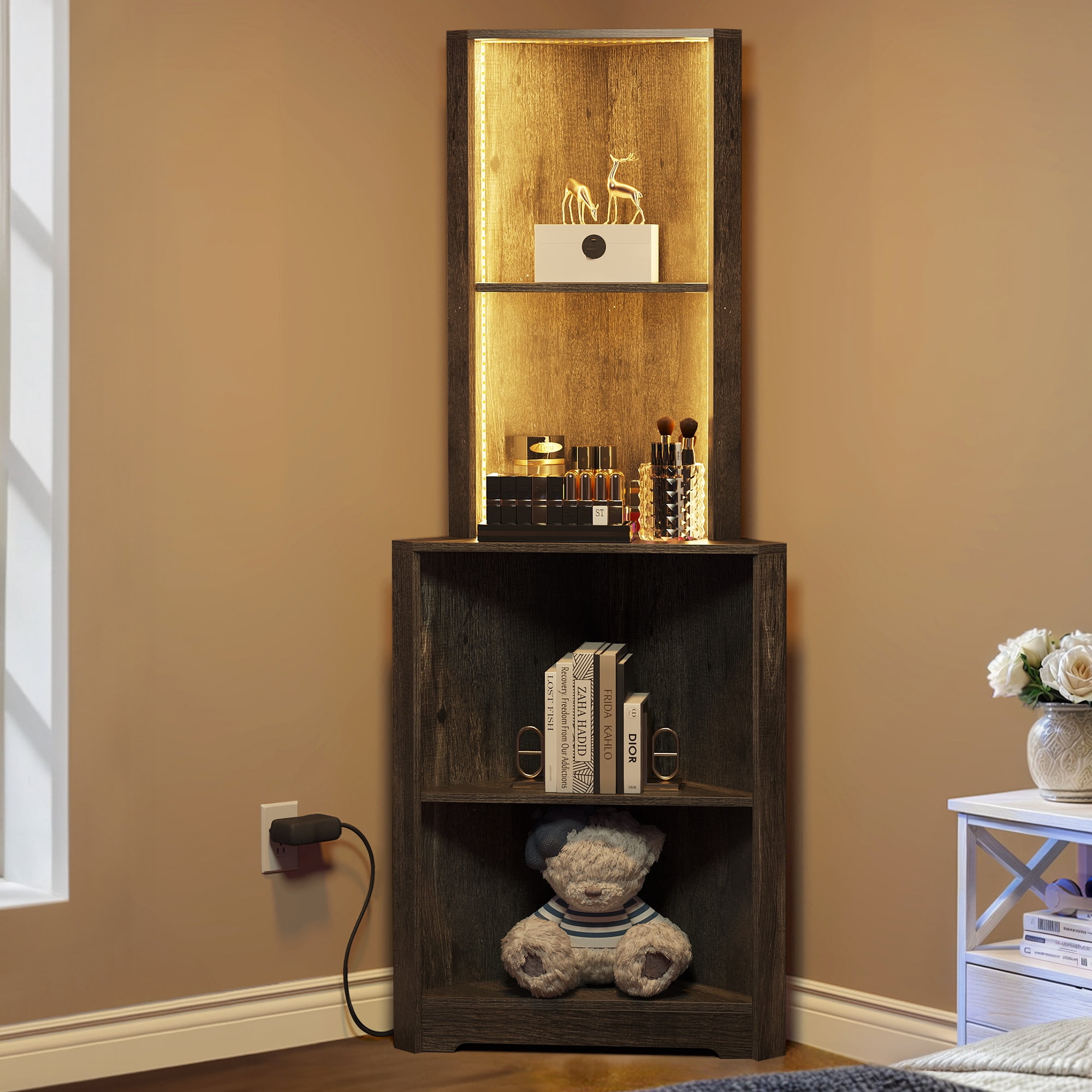 Dextrus 5-Tier Corner Shelf with Led Light, Wooden Open Corner Cabinet ...