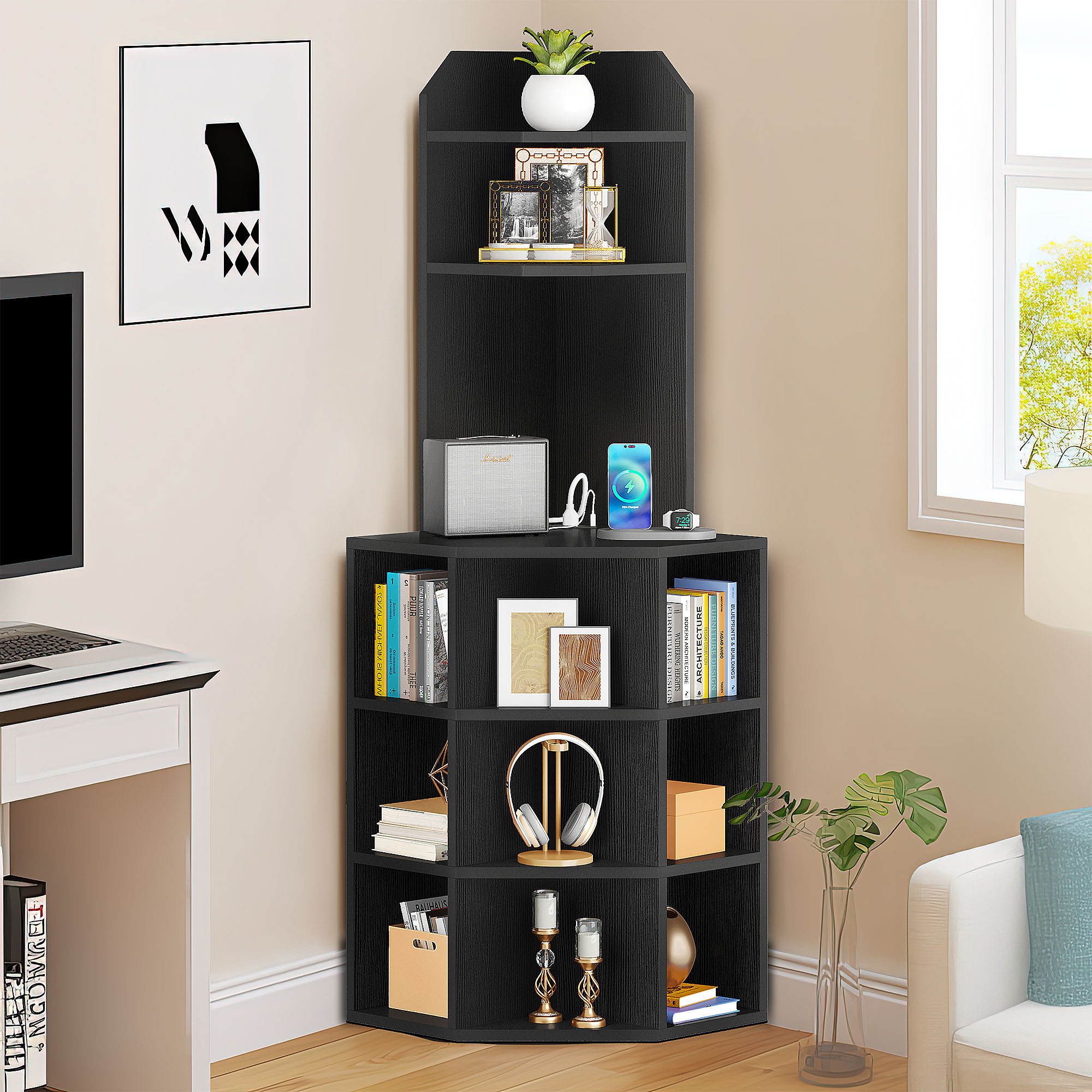VECELO 4-Tier Corner Cabinet with Charging Station, 8-Cubby Wooden ...