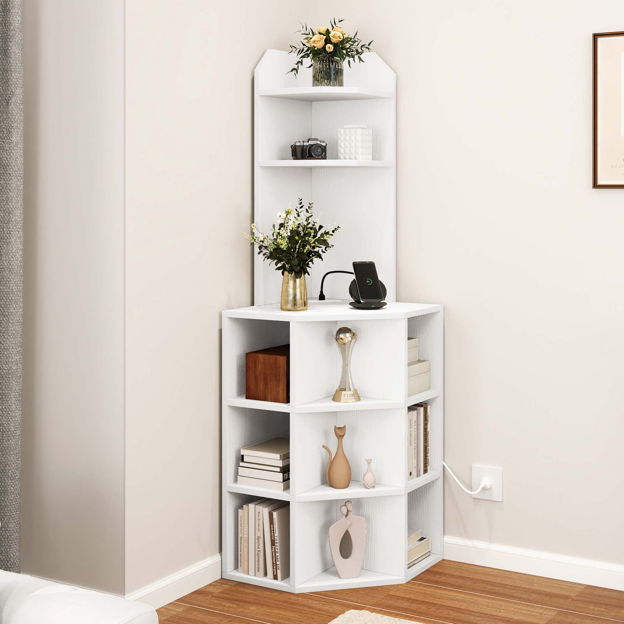 Dextrus White 5-Tier Corner Shelf with USB Ports, Outlets: Industrial ...