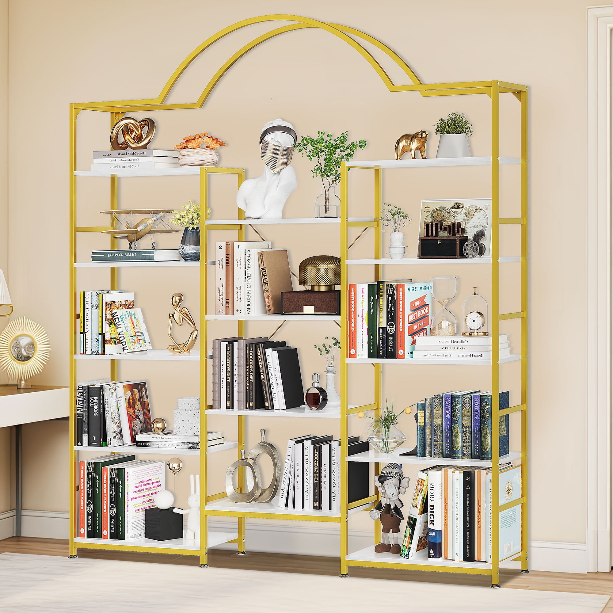 Dextrus 5-Tier Gold and White Bookshelf, Triple Wide Arched Open ...