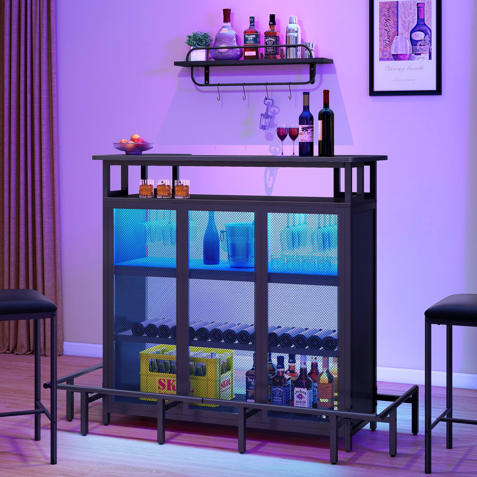 Dextrus 5-Tier Home Bar Unit with LED Lights, Mini Bar Table with Wine Rack & Glass Holder ...