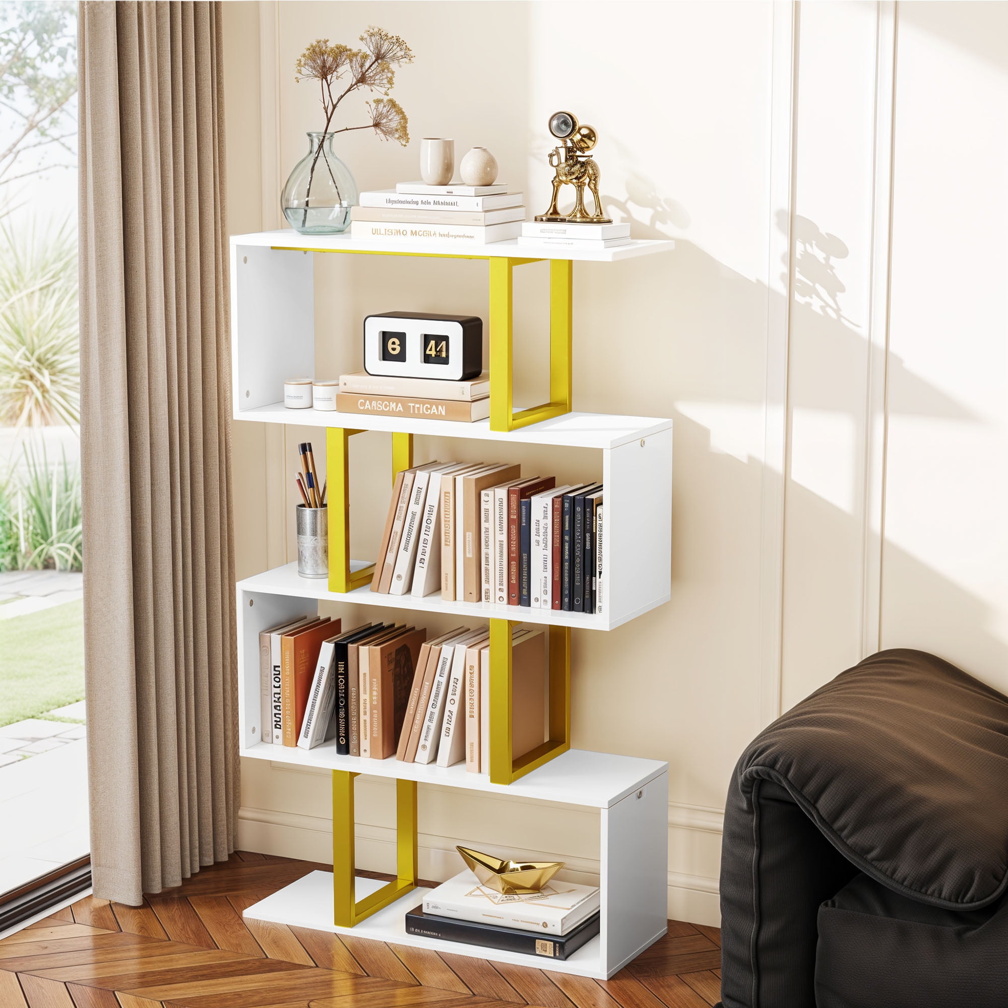 Dextrus 5-Tier S-Shape Bookshelf, Modern Wood & Metal Bookcase for ...