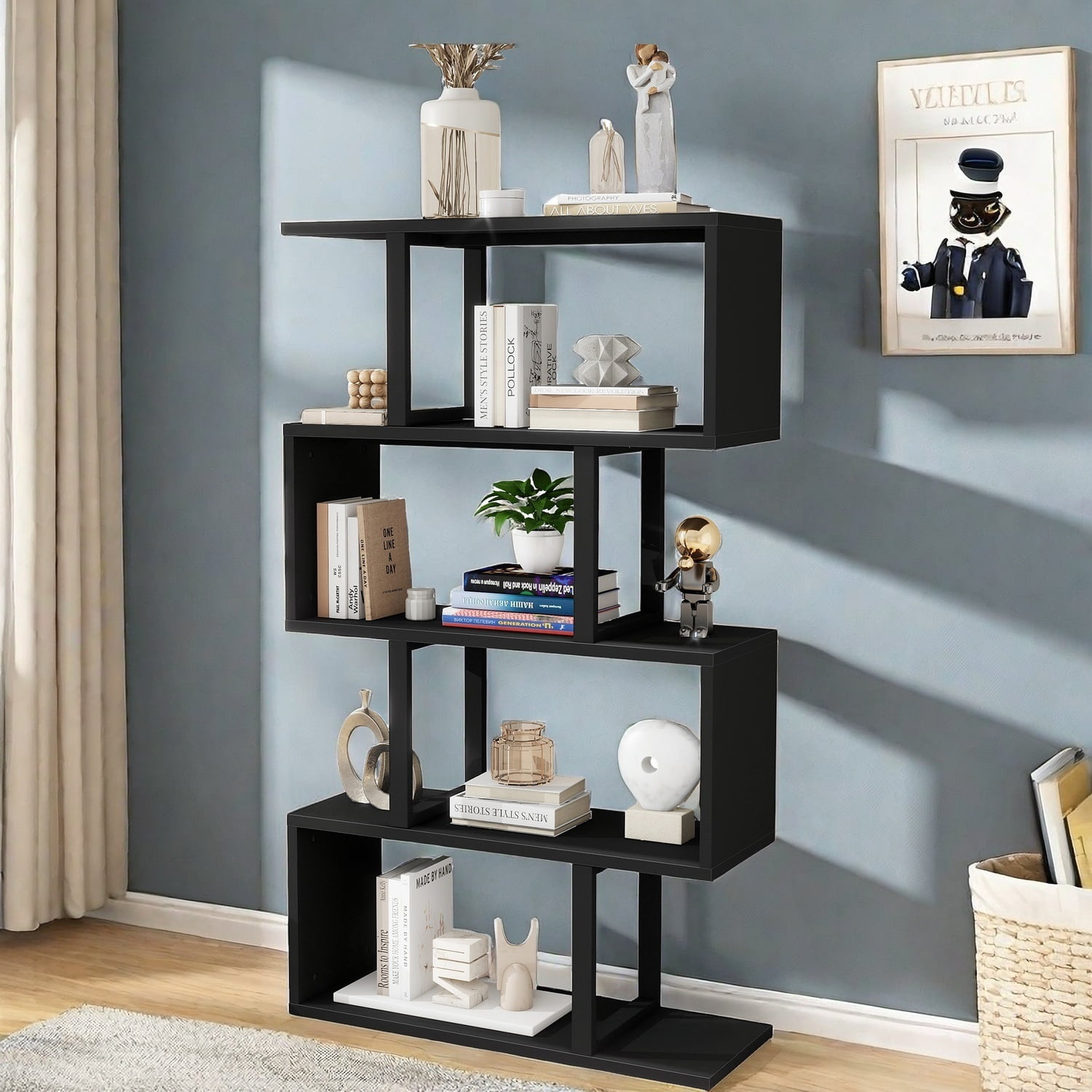 DEXTRUS S-Shaped Wooden Bookshelf, Geometric 5-Tier Shelving, Black ...
