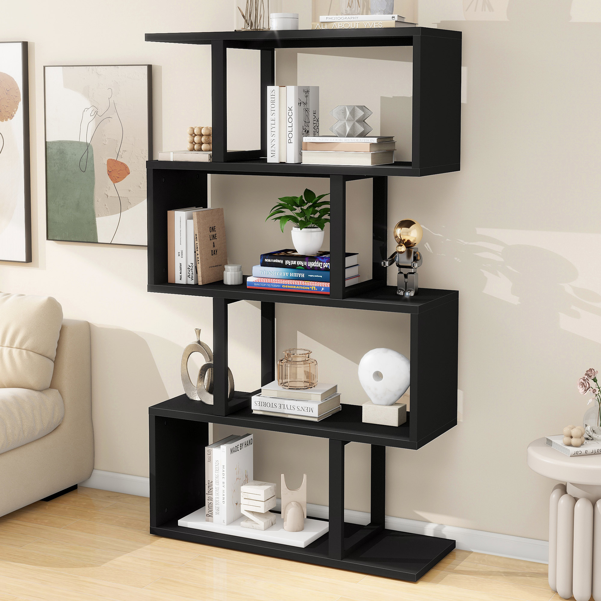 Gymax 6 Tier S-Shaped Bookcase Z-Shelf Style Storage Display Modern ...