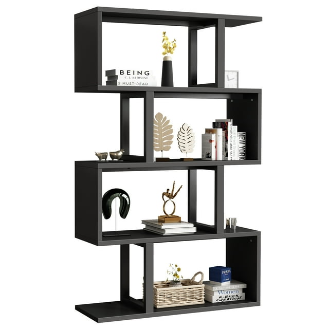 Dextrus 5-Tier S-Shaped Bookshelf, Geometric Bookcase Wooden Z-Shelf ...