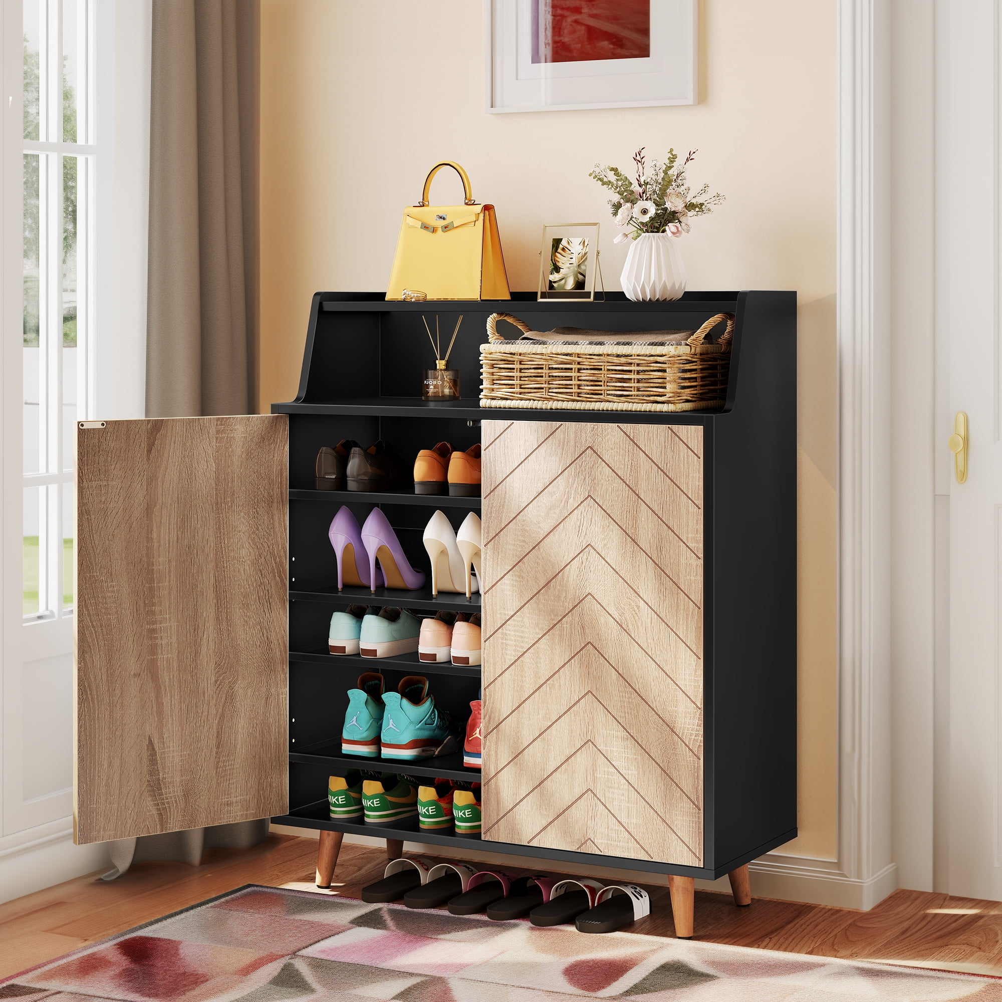 Dextrus 5-Tier Shoe Cabinet, Modern Shoe Storage with Doors & Open ...