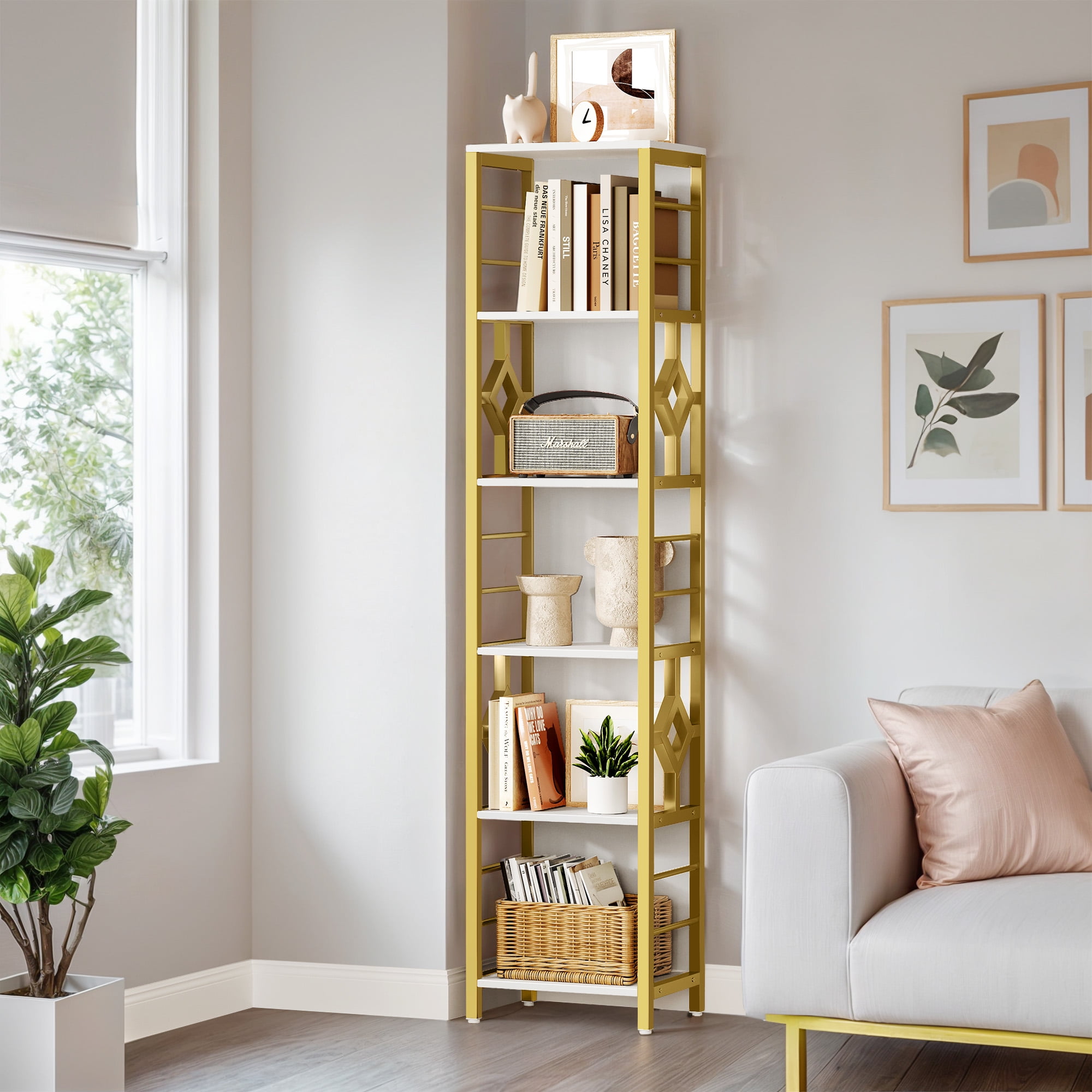 Dextrus 5 Tier White Gold Bookshelf Tall Narrow Bookcase with Metal Frame Open Storage Display Rack Etagere Shelves for Living Room Home Office
